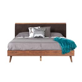 Marshall Mid-Century Modern Brown Fabric & Walnut Bed