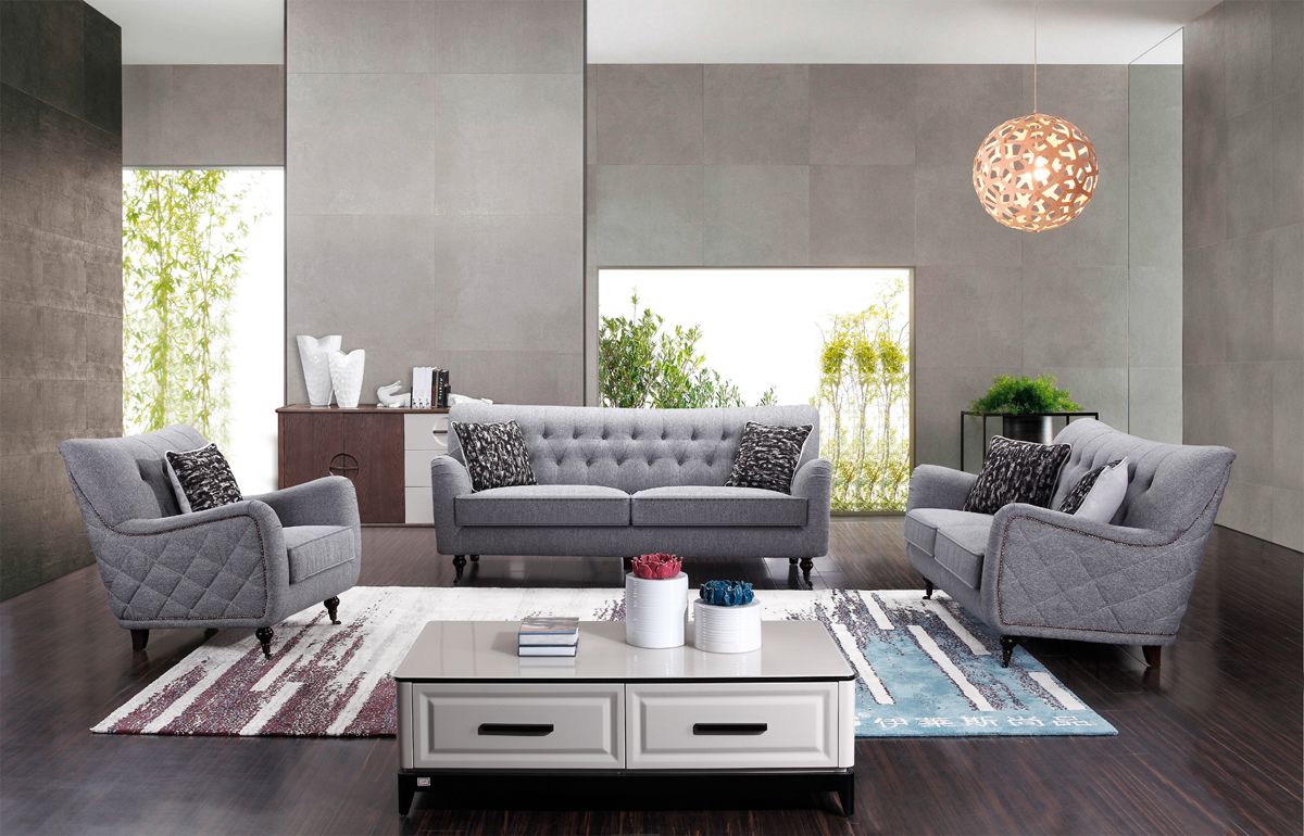 grey material sofas