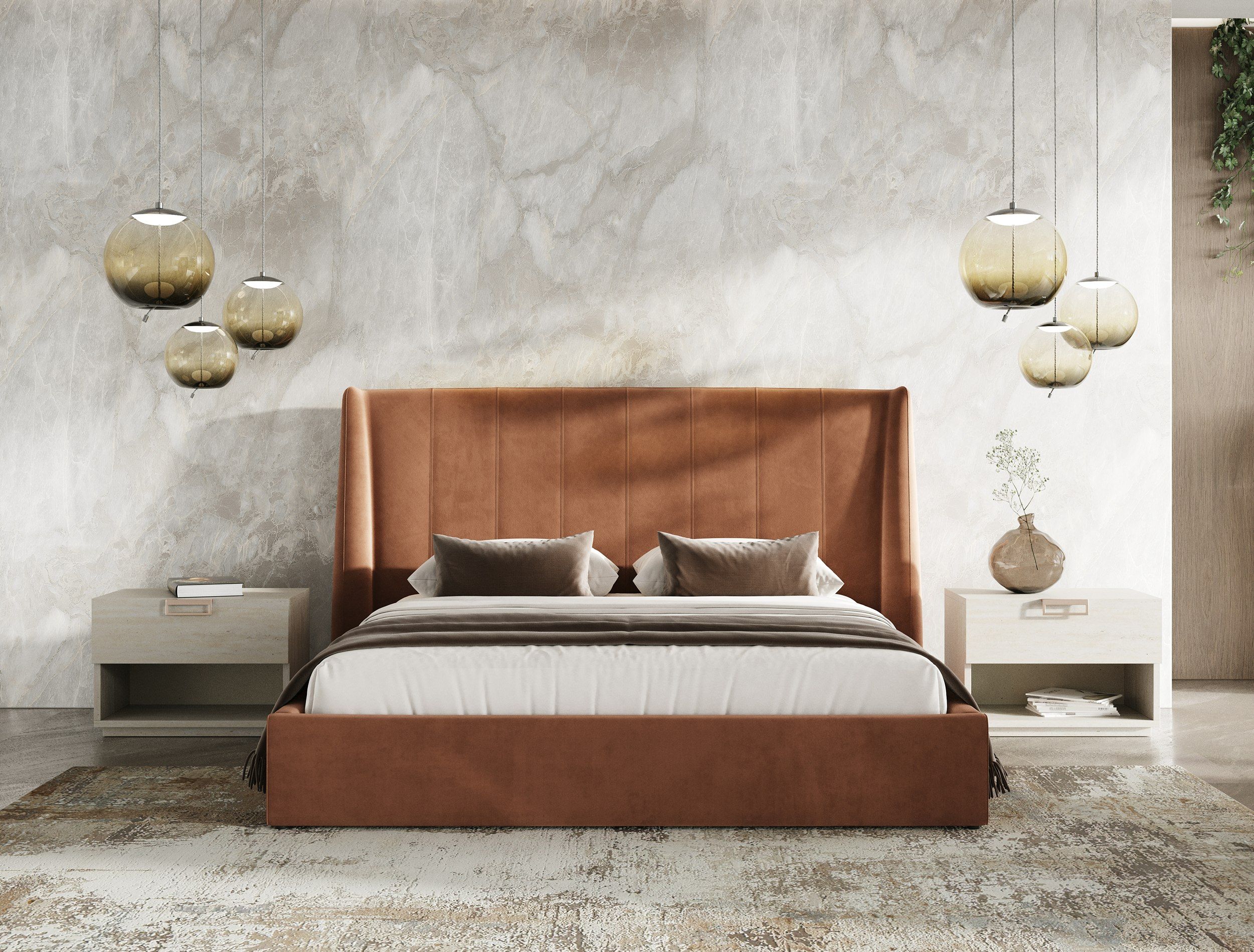 Lamod Roma + Lago - Modern Burnt Orange Velvet + Faux Travertine Bed ...