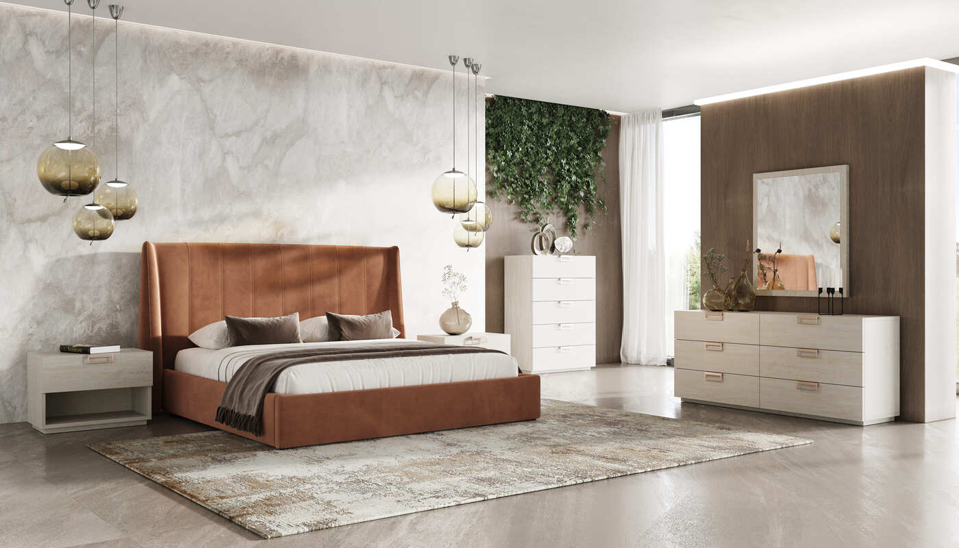 Lamod Roma + Lago - Modern Burnt Orange Velvet + Faux Travertine Bed ...