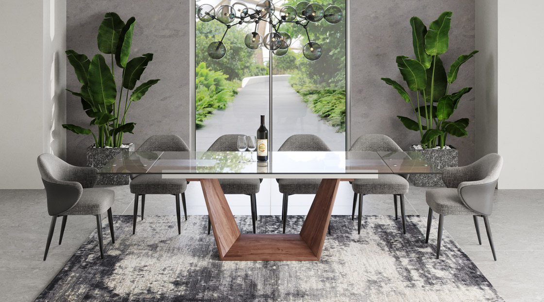 Modrest Babia Modern Smoked Glass & Walnut Extendable Dining Table